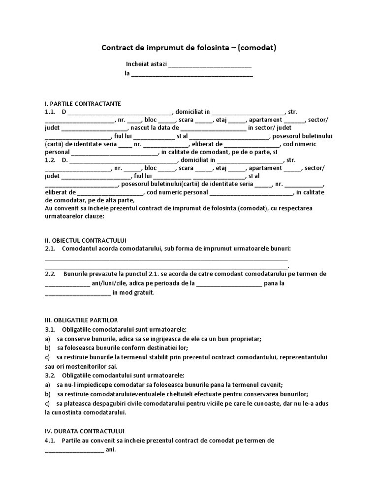 Contract de Imprumut de Folosinta (Comodat) | PDF
