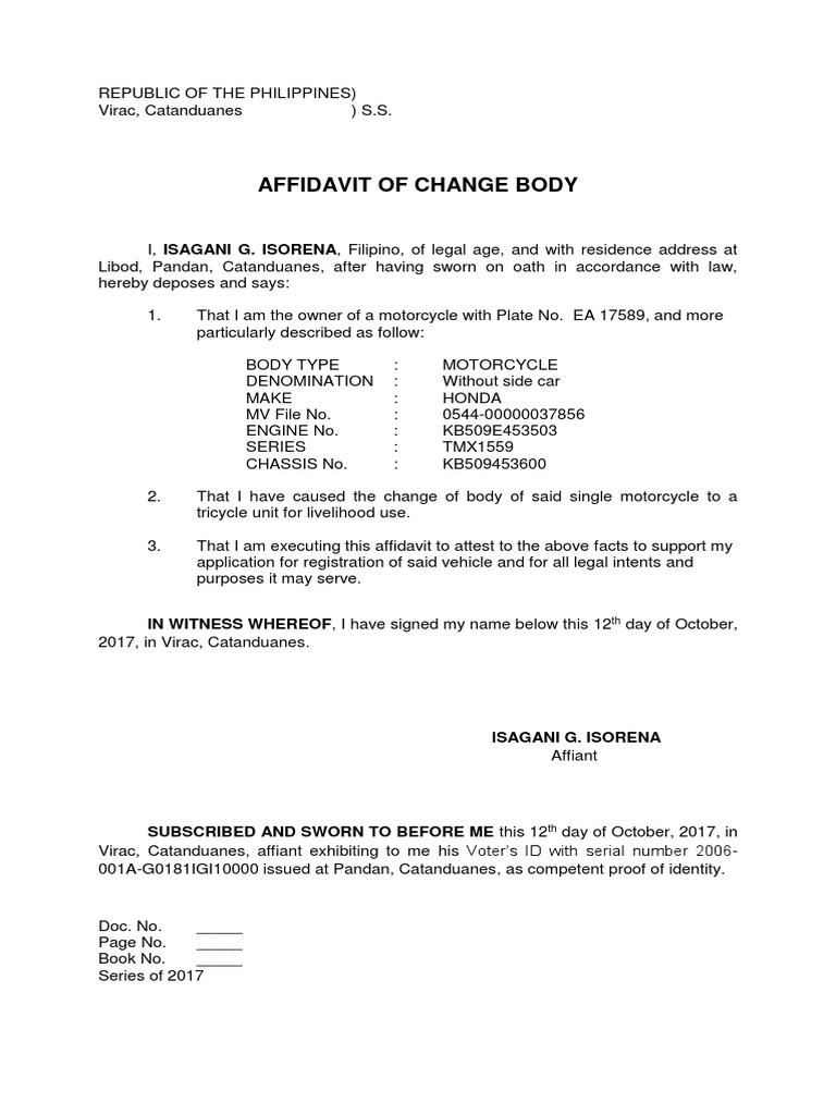 Affidavit of Change Body | PDF | Affidavit | Vehicles