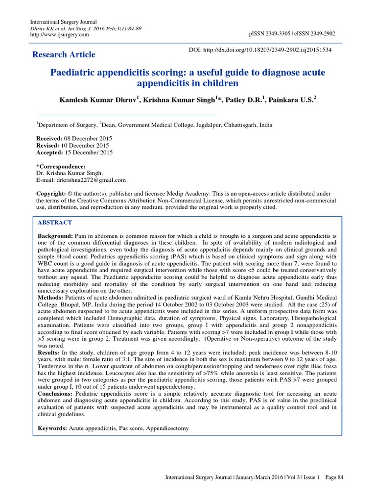 Paediatric Appendicitis Scoring: A Useful Guide To Diagnose Acute ...