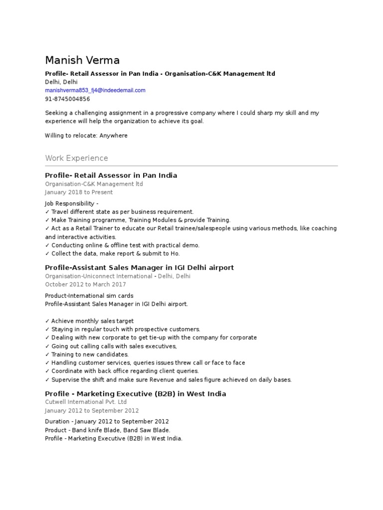 Manish Verma: Work Experience | Download Free PDF | Sales | Retail