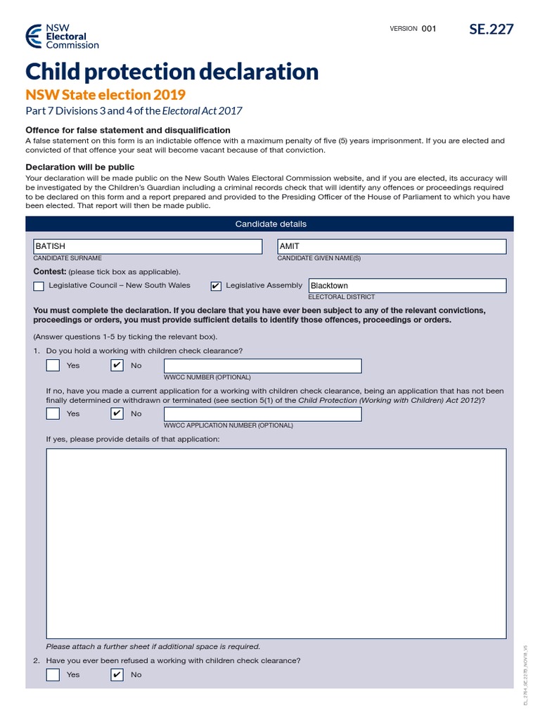 Child Protection Declaration for NSW State Election 2019 | PDF ...