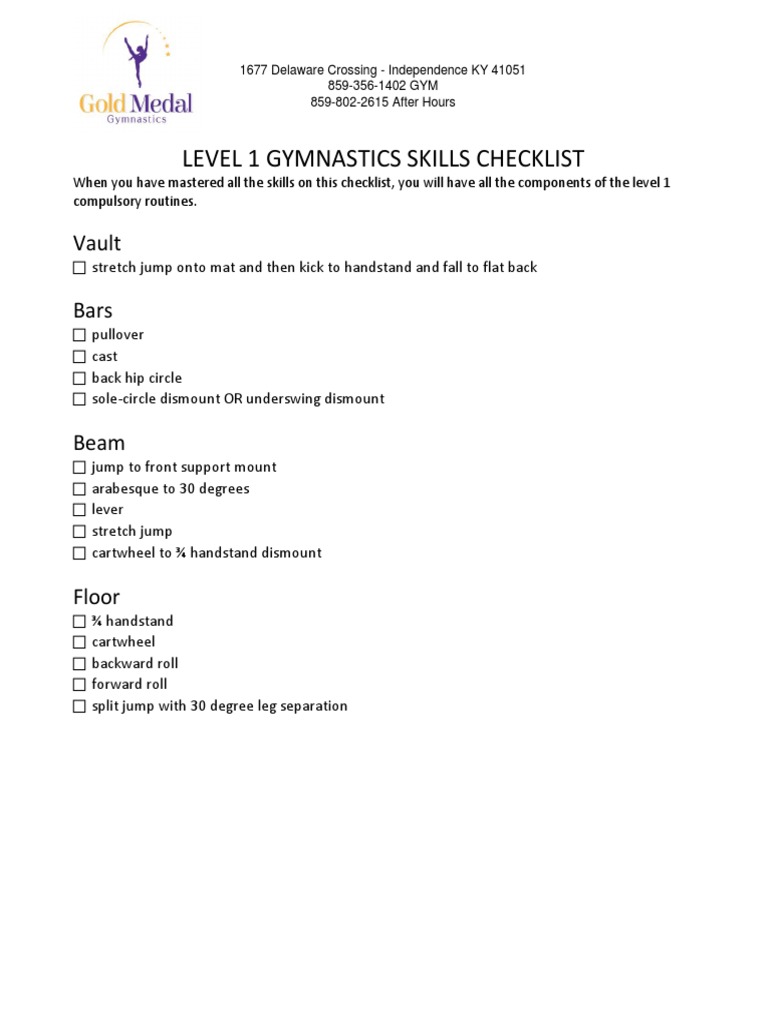 Skill Checklist 2 | PDF | Gymnastics | Indoor Sports