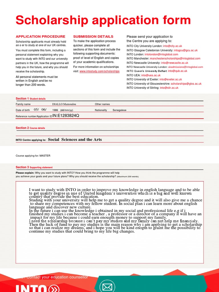 INTO Scholarship Application Form | PDF | University | Change