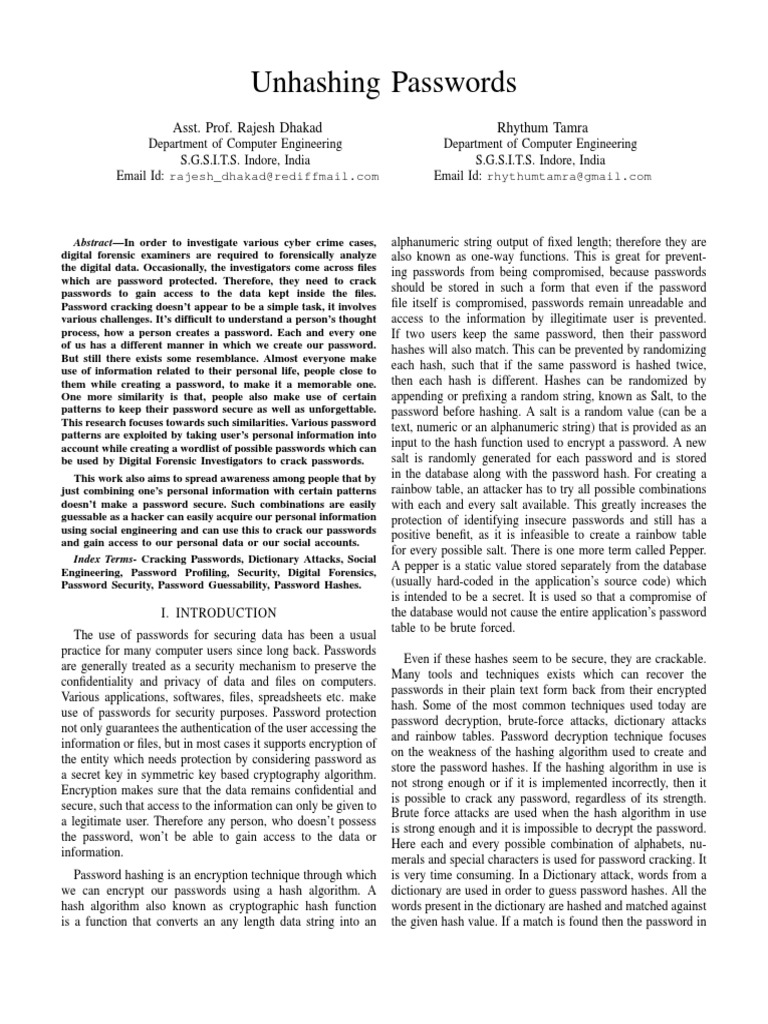 Unhashing Passwords: Asst. Prof. Rajesh Dhakad Rhythum Tamra | Download ...