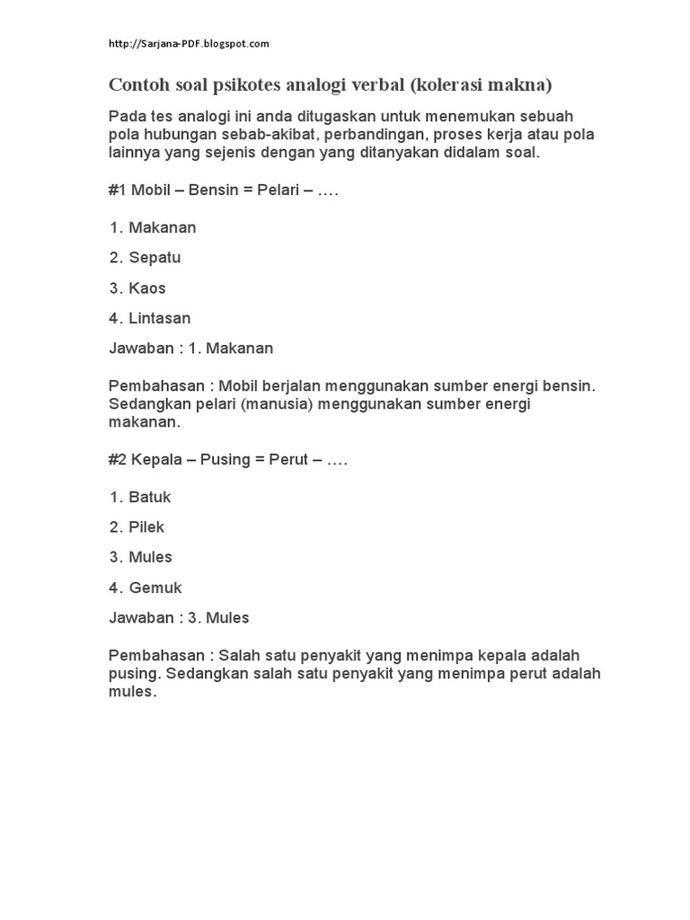 Contoh Soal Psikotes Analogi Verbal PDF | PDF