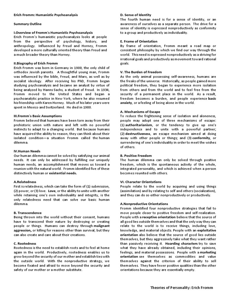 Fromm's Humanistic Psychoanalysis Overview | PDF | Erich Fromm ...
