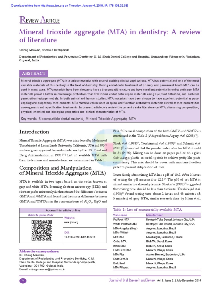 Mineral Trioxide Aggregate (MTA) in Dentistry: A Review of Literature ...