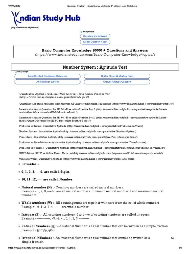 Number System - Quantitative Aptitude Problems and Solutions | PDF | Numbers | Integer