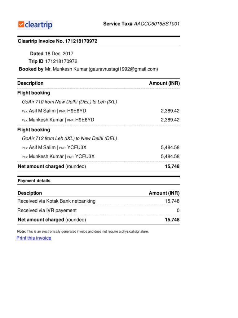 Cleartrip Invoice for Flight Booking from DEL to IXL and Back | PDF