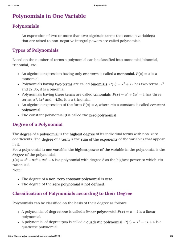 Polynomials For Class 10 | PDF | Polynomial | Factorization