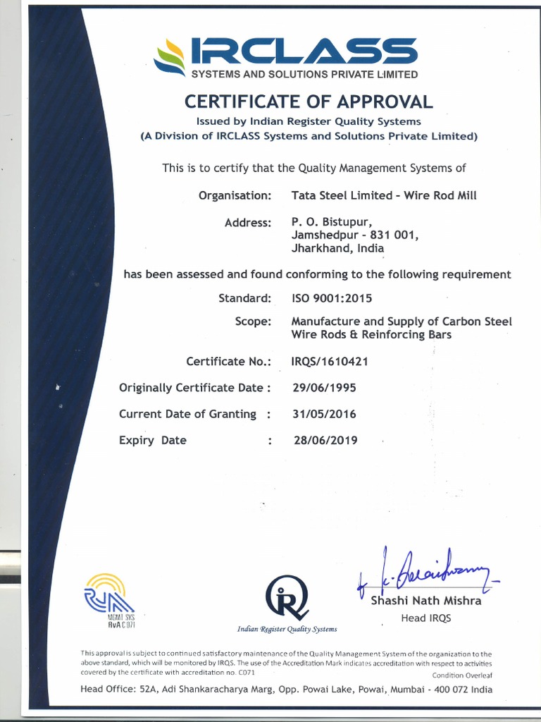 ISO Certificate - WRM Tata Steel | PDF
