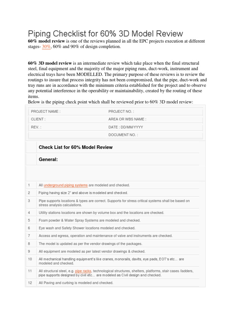 Piping Checklist | PDF | Pump | Pipe (Fluid Conveyance)