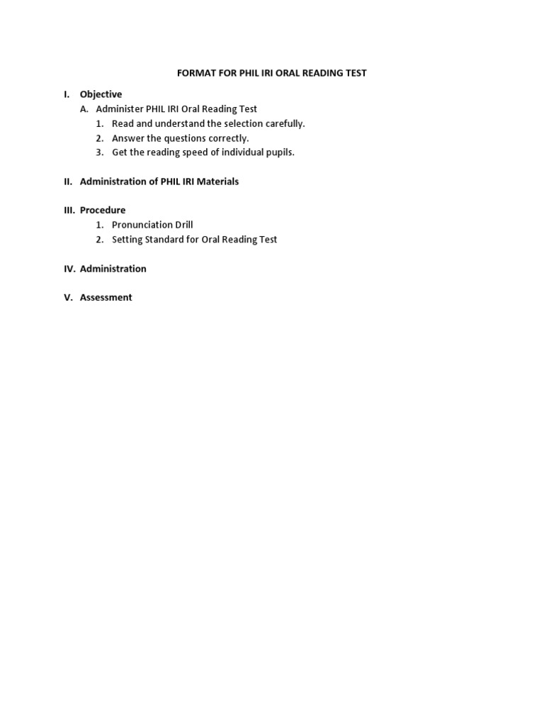 Format For Phil Iri Oral Reading Test | PDF