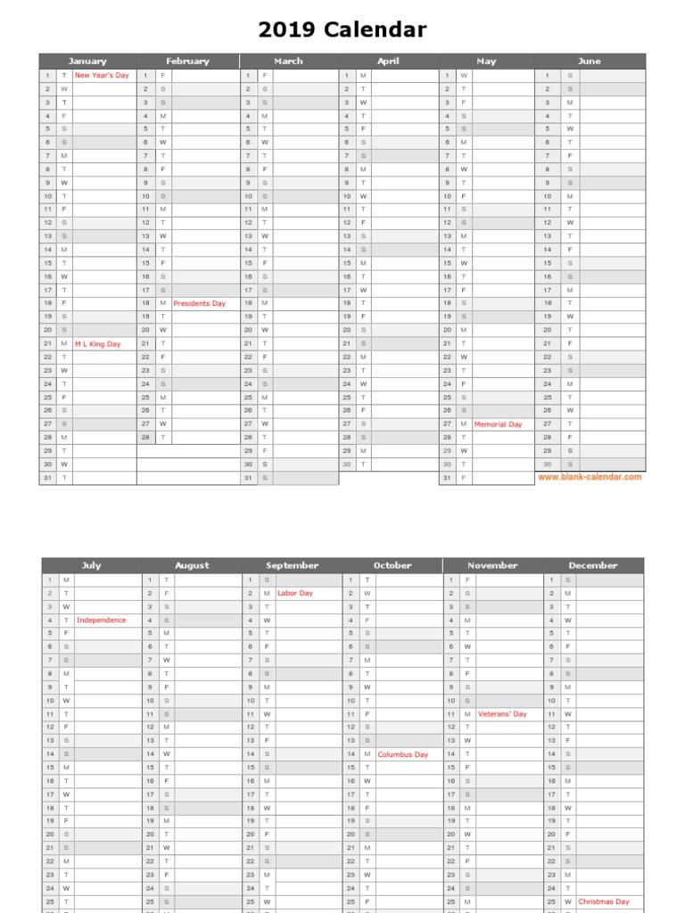 Printable Yearly 2019 Calendar Month in Column | PDF | Public Holiday ...