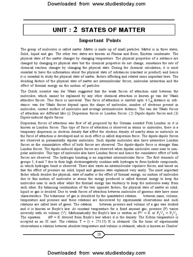 Unit: 2 States of Matter: Important Points | PDF | Intermolecular Force ...