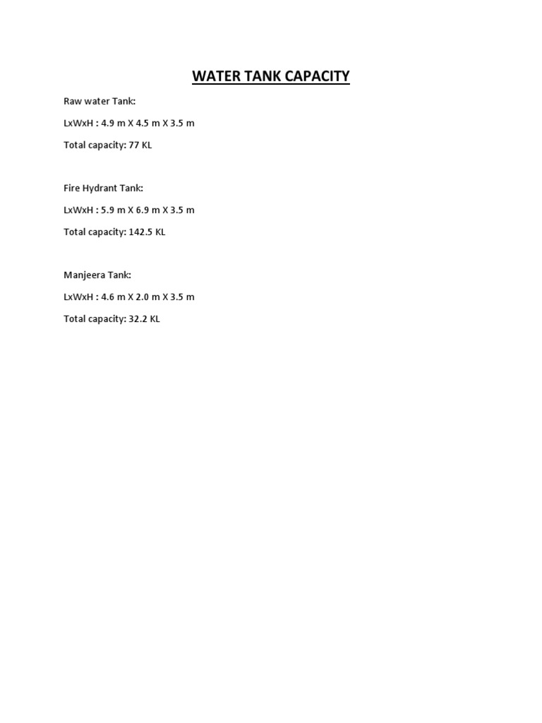 Water Tank Capacities Overview | PDF