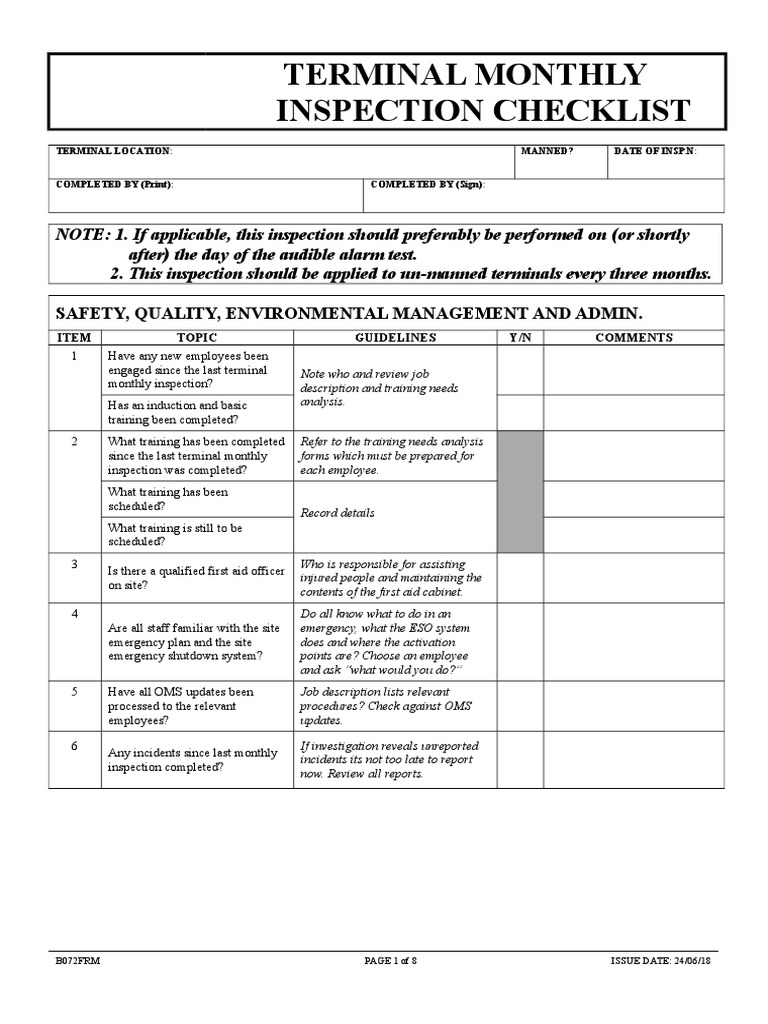 Terminal Monthly Check List | PDF | Liquefied Petroleum Gas | Pump
