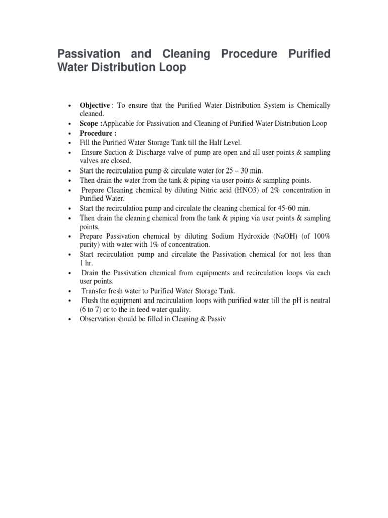 Passivation and Cleaning Procedure Purified Water Distribution Loop | PDF
