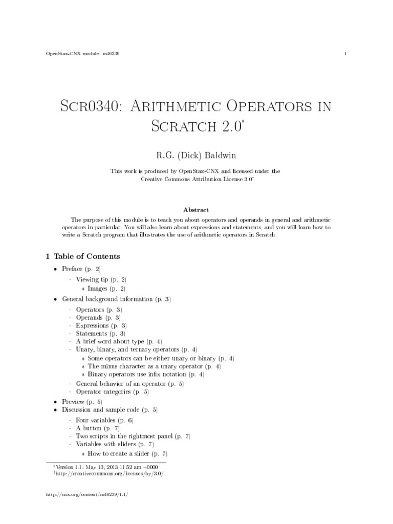Scr0340: Arithmetic Operators in Scratch 2.0: R.G. (Dick) Baldwin | PDF | Scratch (Programming ...