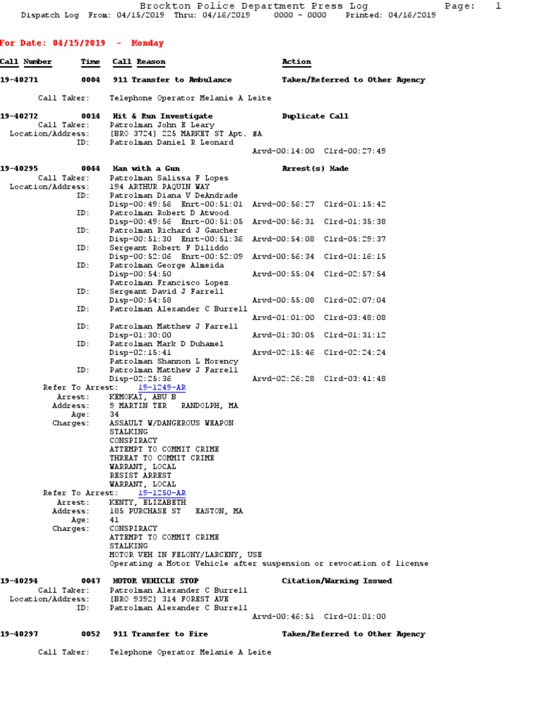 City of Brockton, Ma Police Log April 15, 2019 | PDF | Arrest | Legal ...
