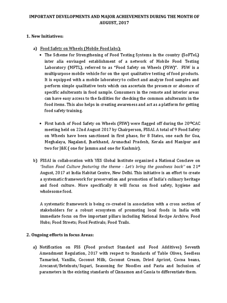 FSSAI Monthly Achievements August 25-09-2017 | PDF | Foods | Food And ...
