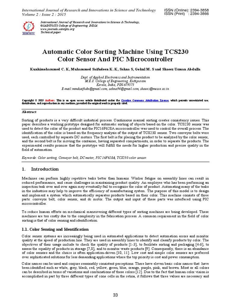 Automatic Color Sorting Machine Using TCS230 Color | PDF | Color ...