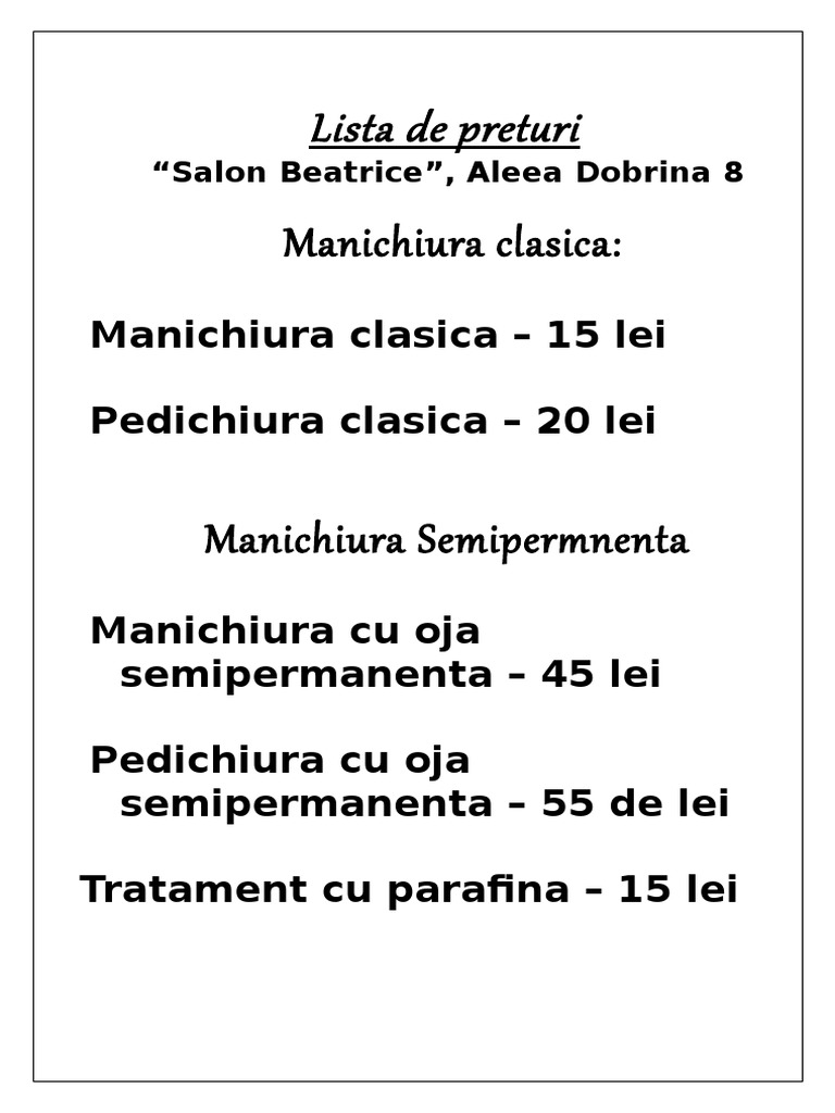 Lista de Preturi Manichiura | PDF