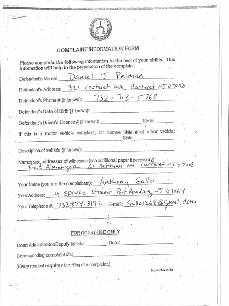 Anthony Gallo Complaint Against Carteret Mayor Daniel J. Reiman | PDF