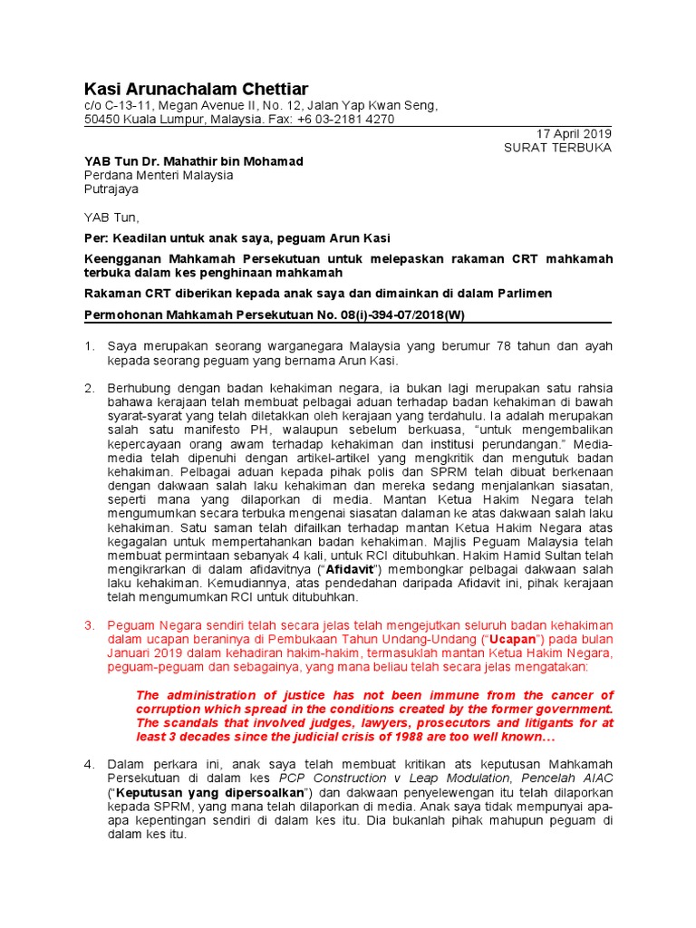 Surat Bapa Peguam Arun Kasi Kepada PM Dalam Kes Penghinaan Mahkamah ...