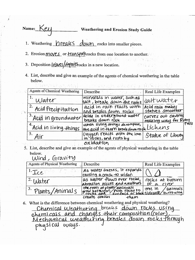 Weathering and Erosion Study Guide Answer Key | PDF