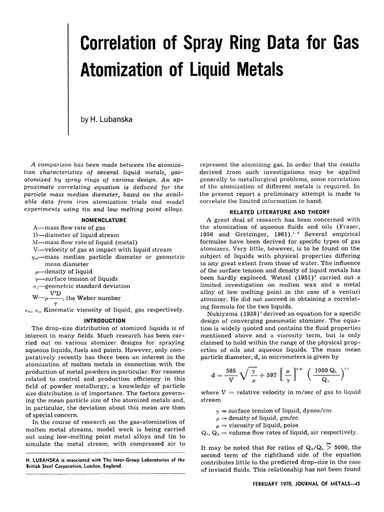 Lubanska1970 - Correlation of Spray Ring Data For Gas Atomization of Liquid Metals PDF | PDF ...