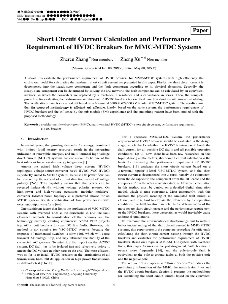 Short Circuit Current Calculation and Performance Requirement of HVDC Breakers For MMC-MTDC ...
