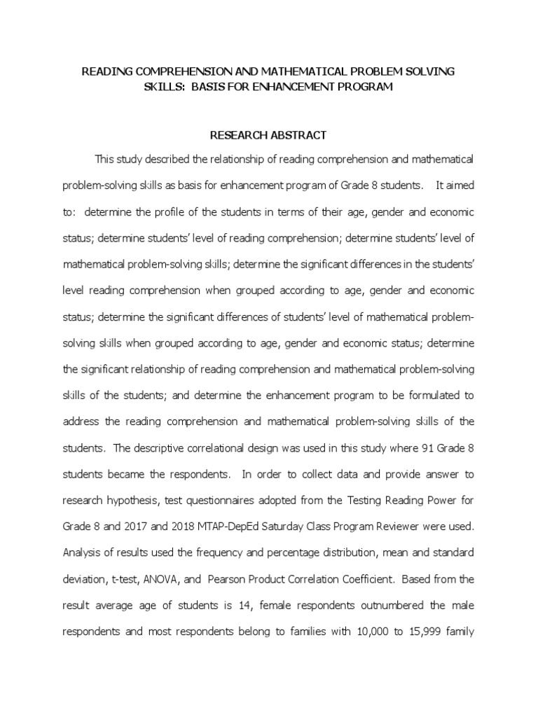 Reading Comprehension and Mathematical Problem Solving Skills | PDF