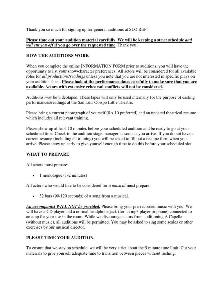 SLO REP Audition Guidelines and Details | PDF | Audition | Entertainment