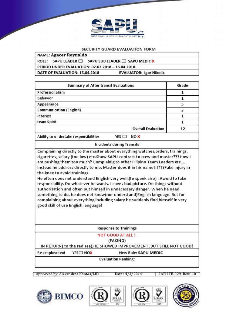 Security Guard Evaluation Form: Agacer Reynaldo | PDF