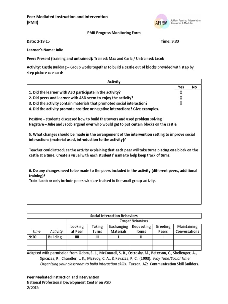 Peer Mediated Instruction and Intervention (PMII): Target Behaviors ...