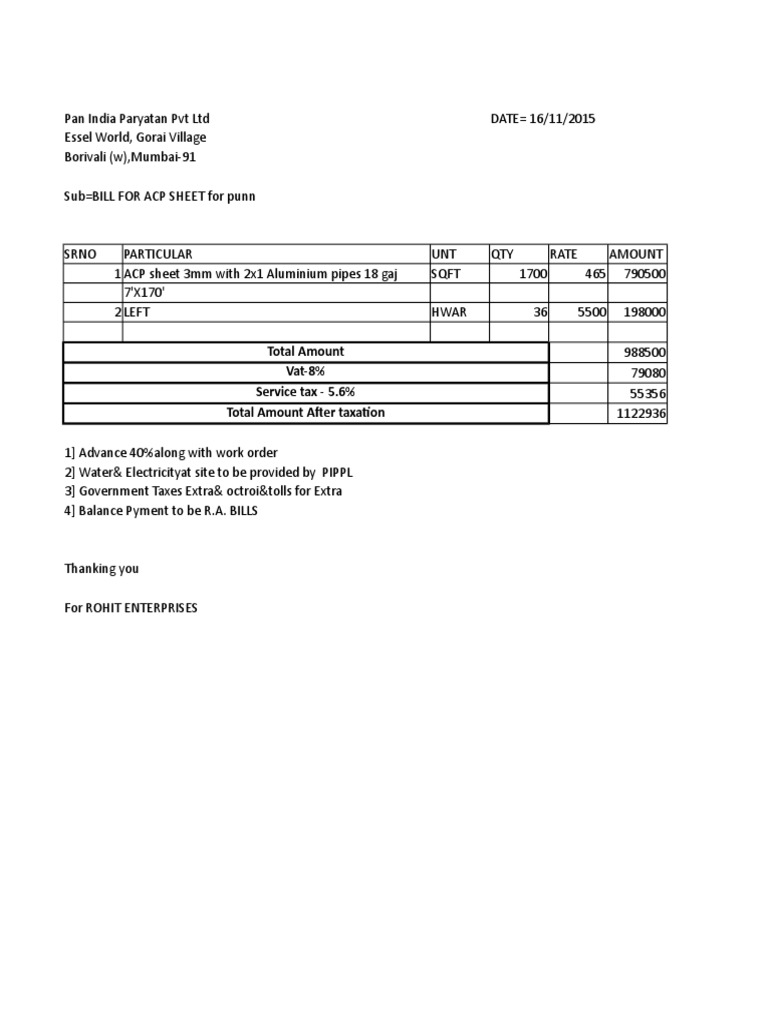 Essel World ACP Sheet Billing Details | PDF