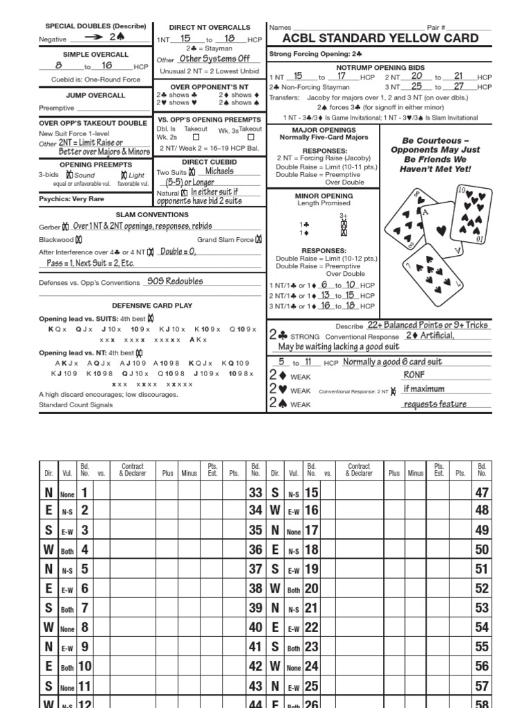 Acbl Standard Yellow Card: Other | PDF | Trick Taking Card Games ...