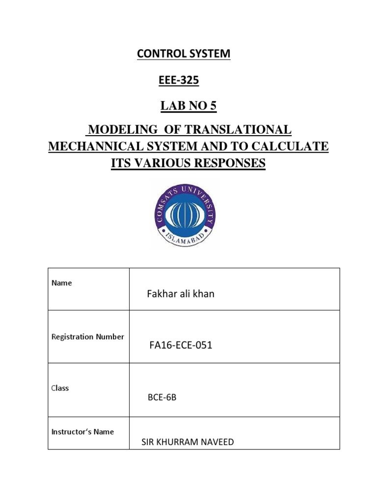 Control System EEE-325 Labno5 Modeling of Translational Mechannical ...