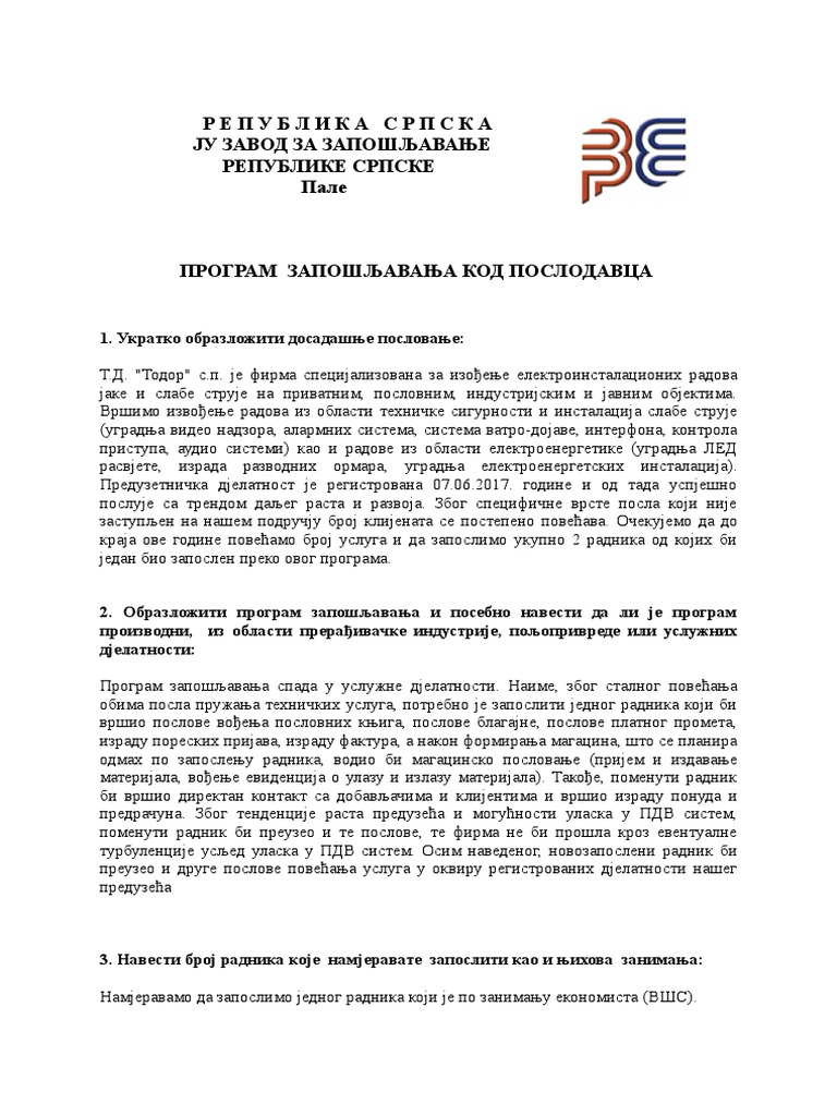 Program Zaposljavanja Kod Poslodavca Posebne CG 2018 | PDF