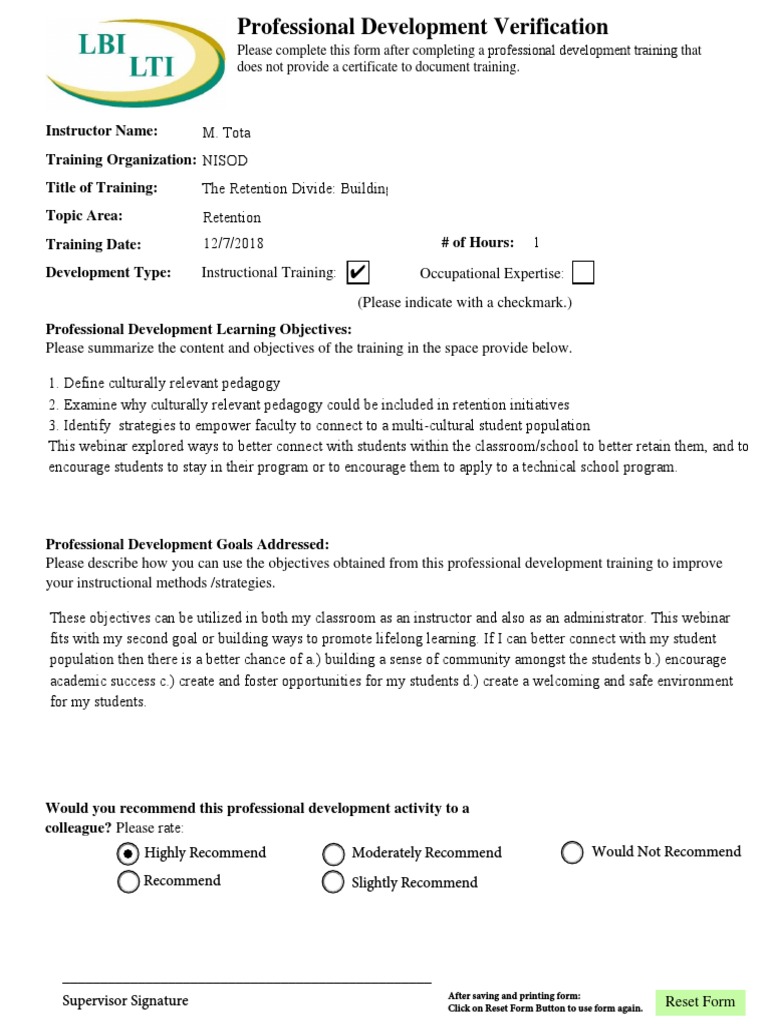 Professsional Development Training Verification Final Culturally ...