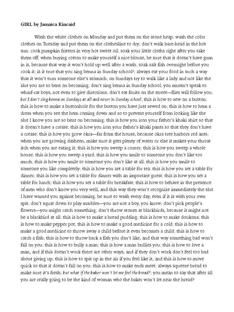 GIRL by Jamaica Kincaid | PDF | Narration | Clothing