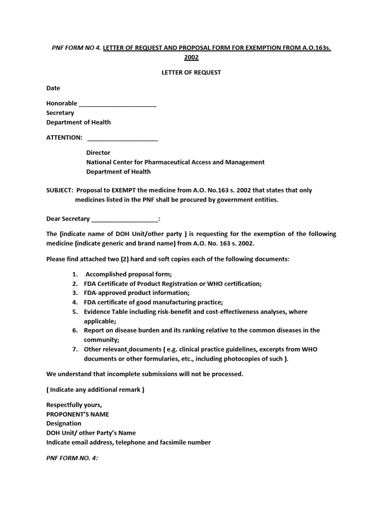PNF Form No. 4 - Exemption | PDF | Food And Drug Administration | Dose ...