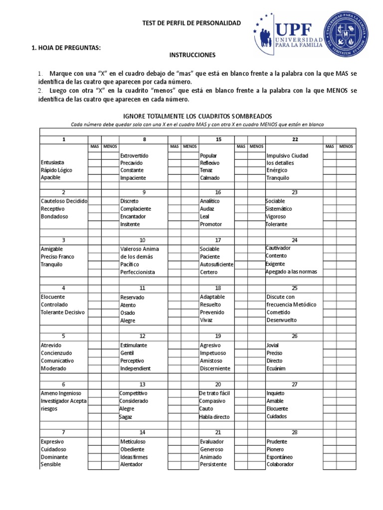 Test de Perfil de Personalidad 1. Hoja D | PDF