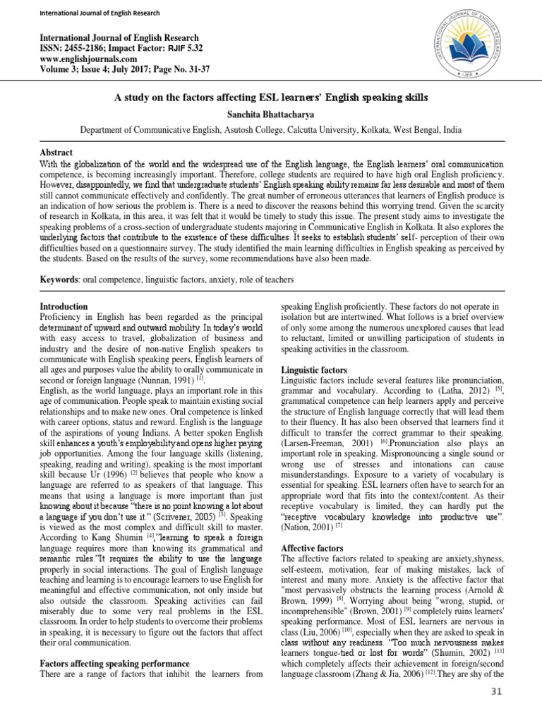 A Study On The Factors Affecting ESL Learners' English Speaking Skills ...