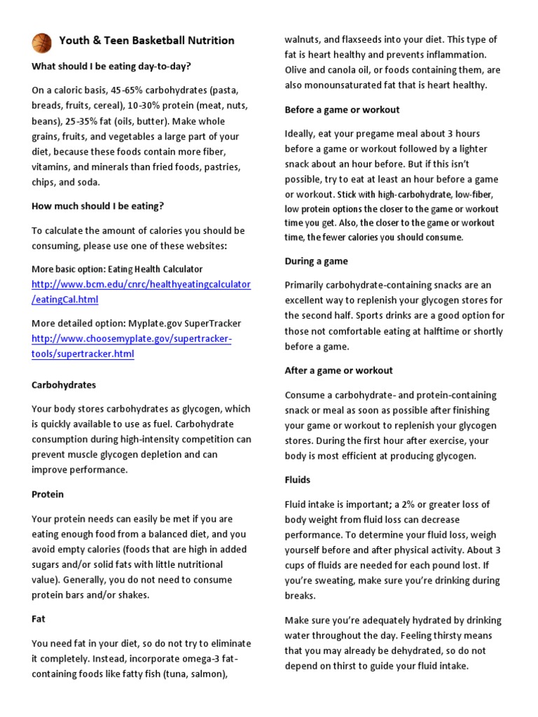 Youth & Teen Basketball Nutrition | PDF | Dietitian | Dieting