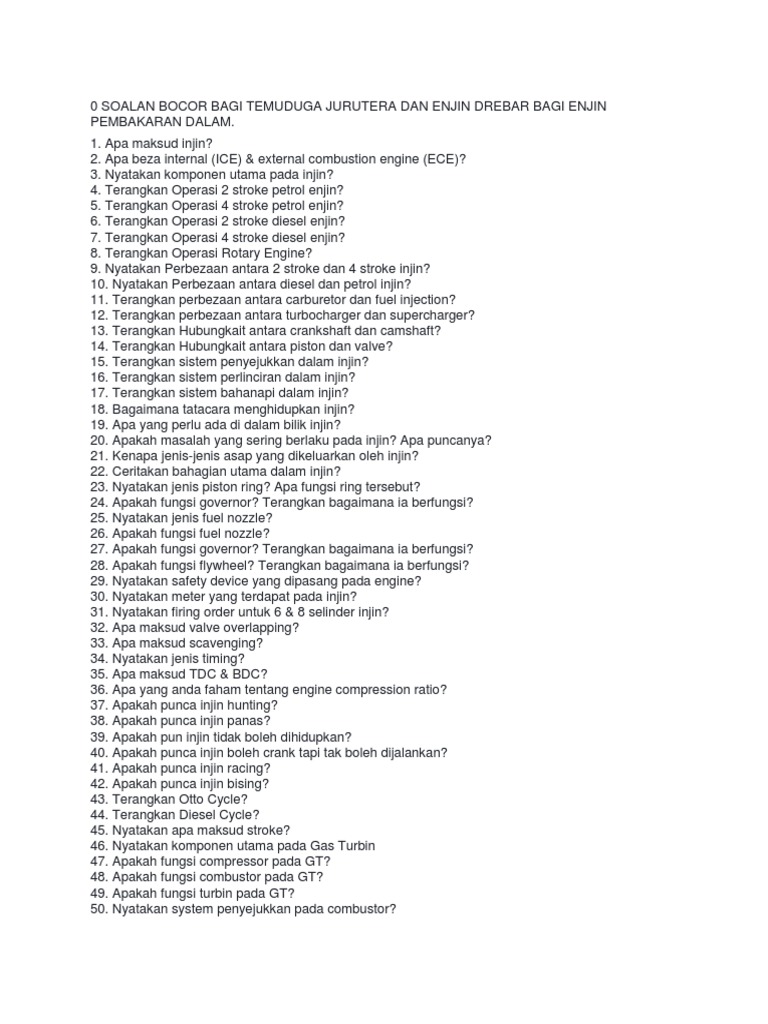 0 Soalan Bocor Bagi Temuduga Jurutera Dan Enjin Drebar Bagi Enjin Pembakaran Dalam | PDF