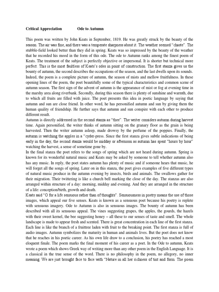 Critical Analysis of Keats' Ode to Autumn | PDF | John Keats | Poetry