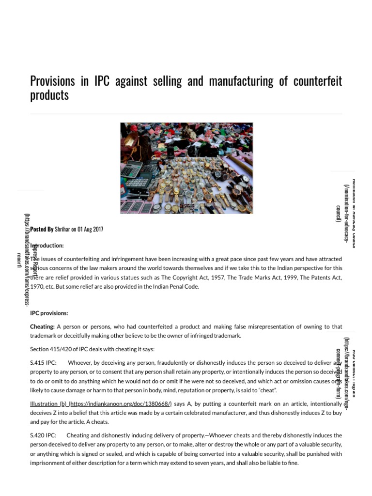 Provisions in IPC Against Selling and Manufacturing of Counterfeit Products - Brands & Fakes ...