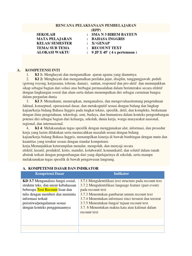 RPP Recount Text 9 JP Kelas X Sem Genap | PDF